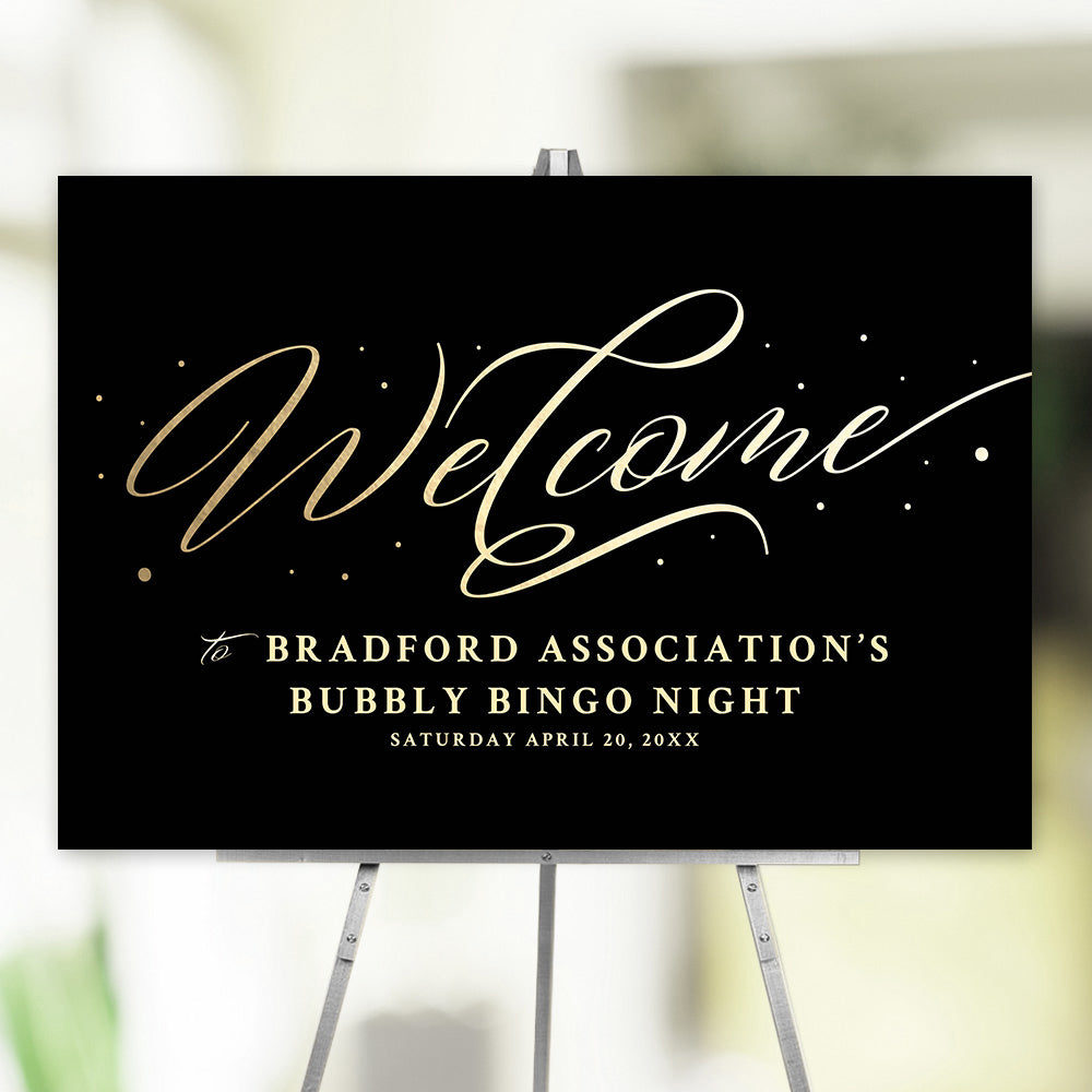 Bingo Night Welcome Sign in Elegant Black and Gold Theme