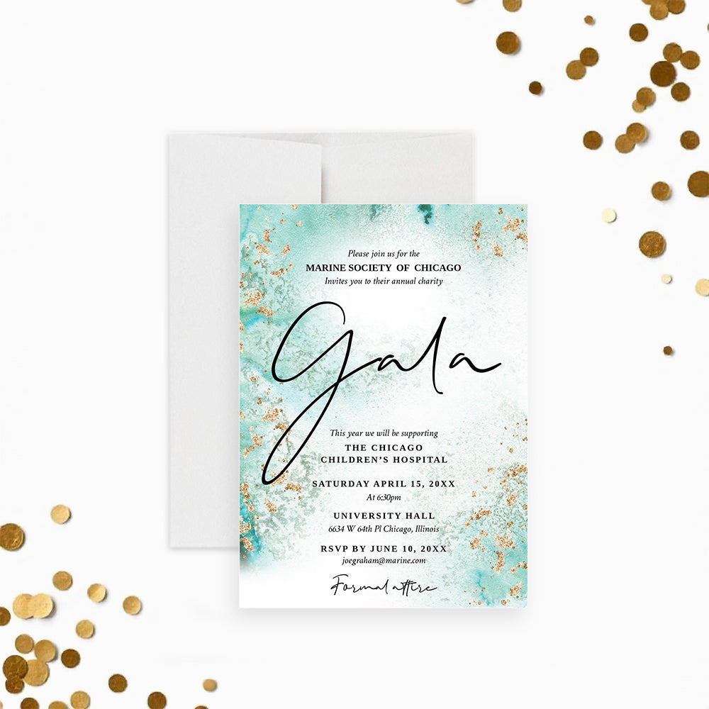 Aqua and Gold Gala Invitation Elegant Charity Fundraiser Card