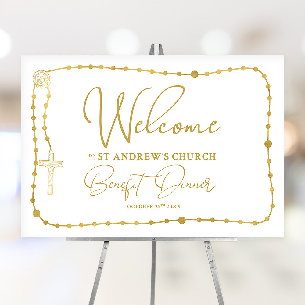 Religious Welcome Sign for a Church Event with a Rosary Design