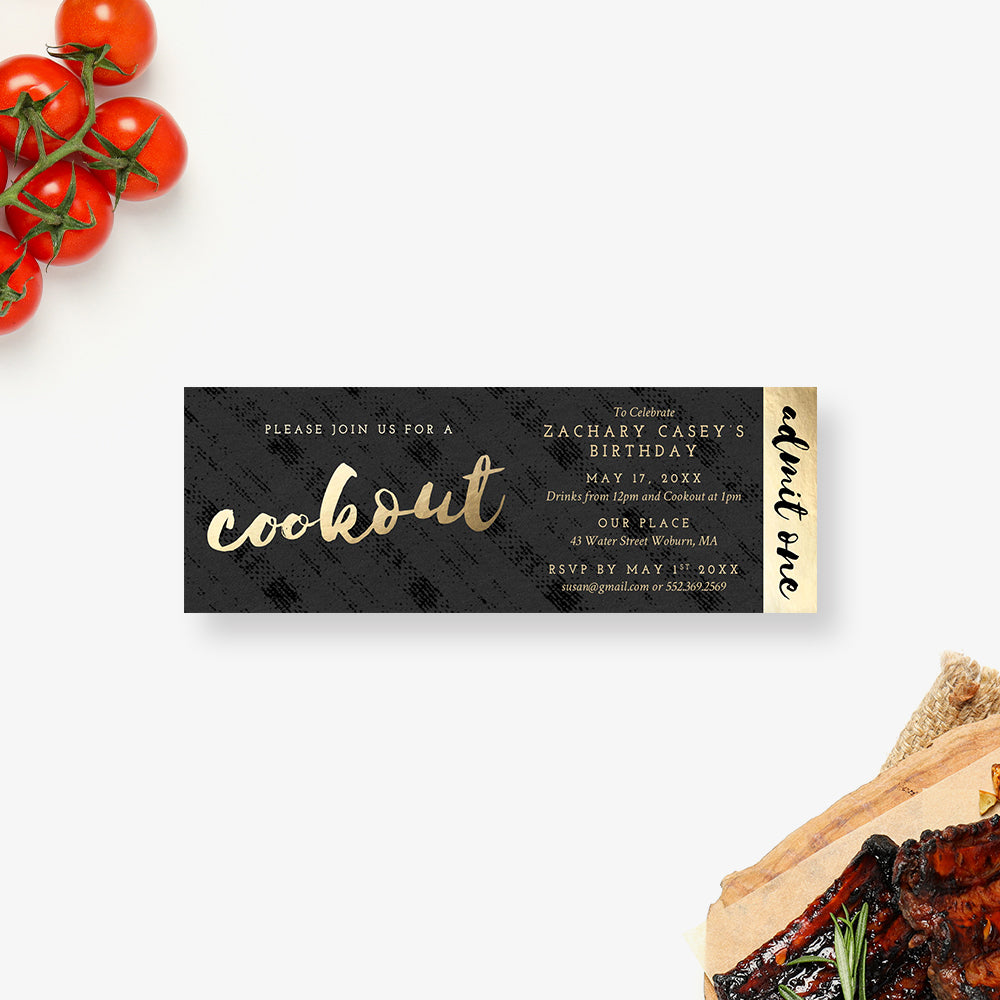 Elegant Black and Gold Ticket Invitation for Cookout Birthday Party, B