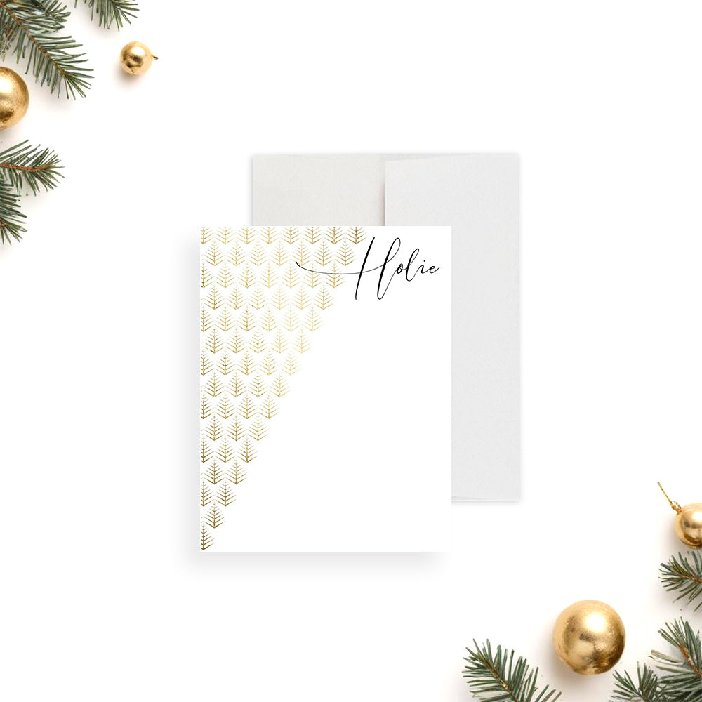 Personalized Holiday Note Card with Gold Pine Pattern, Christmas Stati