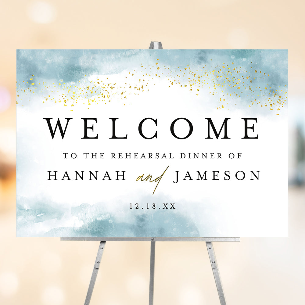 Blue and Gold Elegant Rehearsal Dinner Welcome Sign
