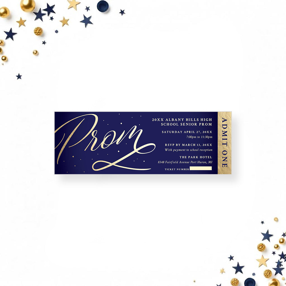 Navy and Gold Prom Ticket Invitation for Senior High School