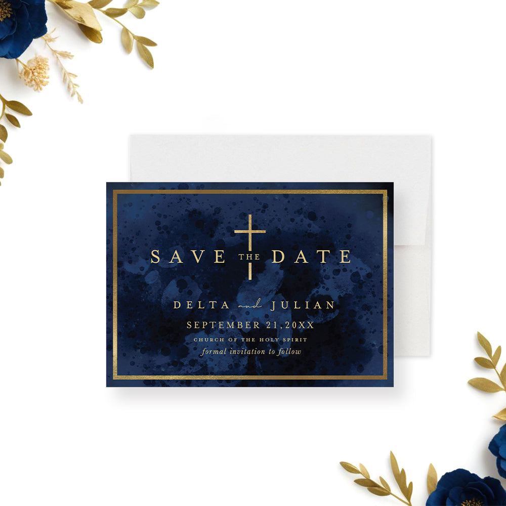 Religious Save the Date Card for Church Wedding in Navy and Gold