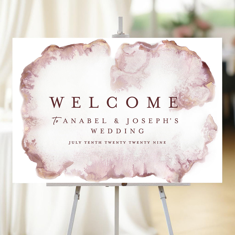 Romantic Wedding Welcome Sign with Soft Watercolor Wash