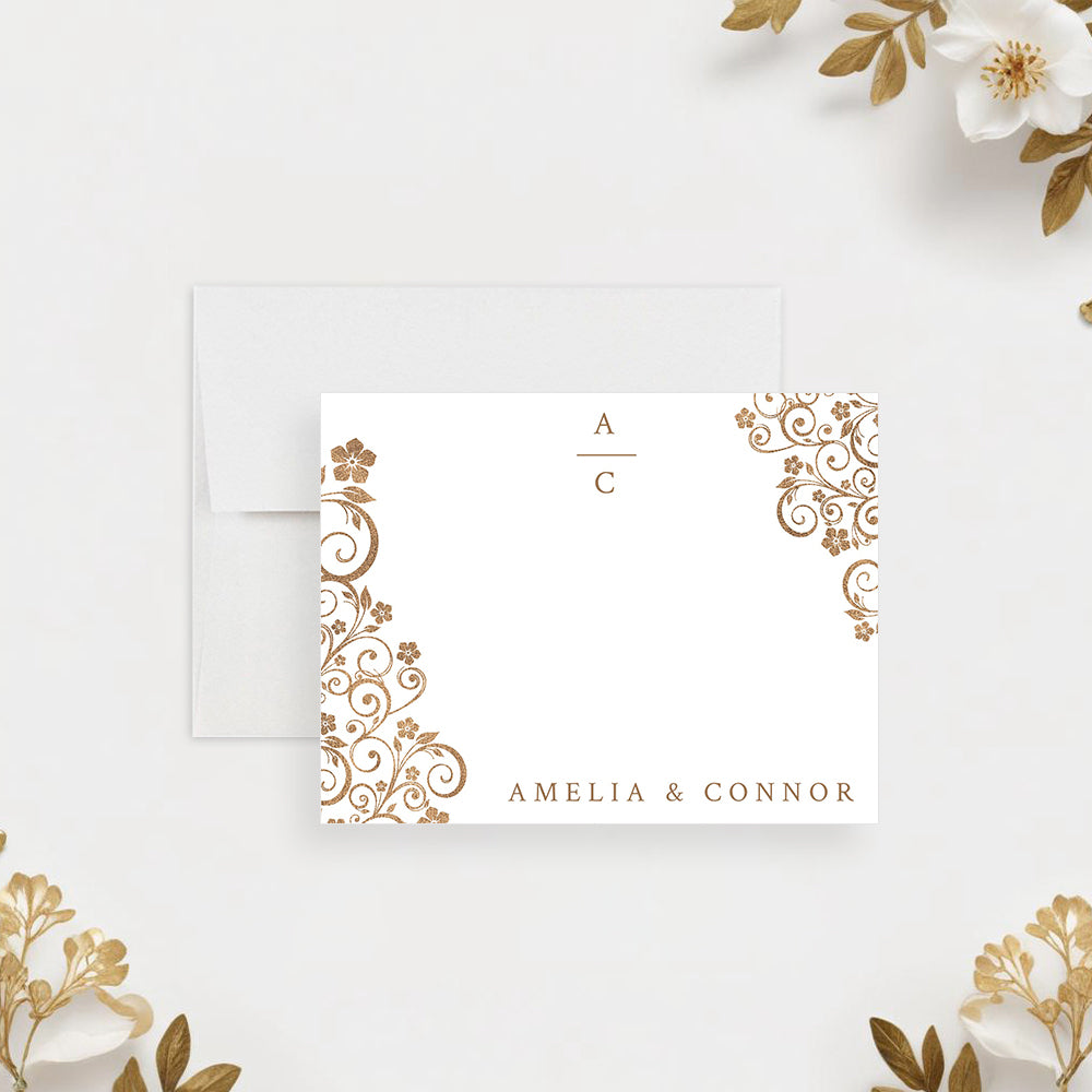 Gold Filigree Note Card with Monogram, Custom Stationery for Writing,