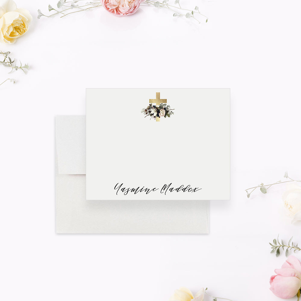 Religious Note Card with Gold Cross and Flowers, Floral First Holy Com ...