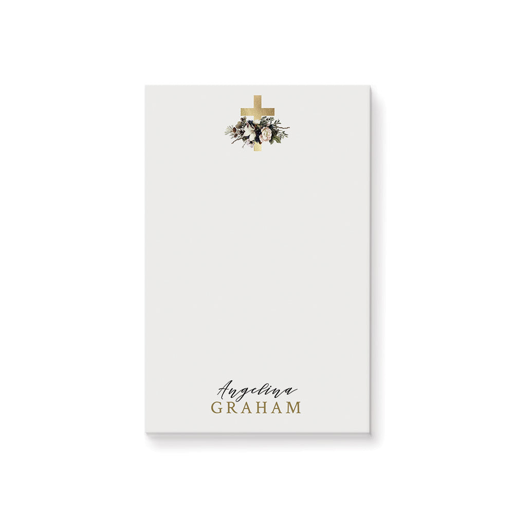 Religious Notepad with Gold Cross and Flowers, Personalized Gift for C