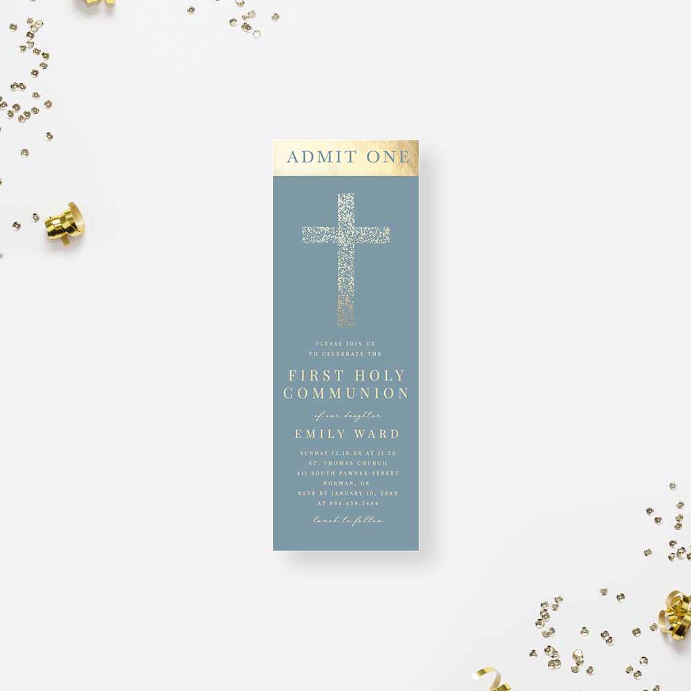 Dusty Blue Ticket Invitations for First Holy Communion Celebration, El