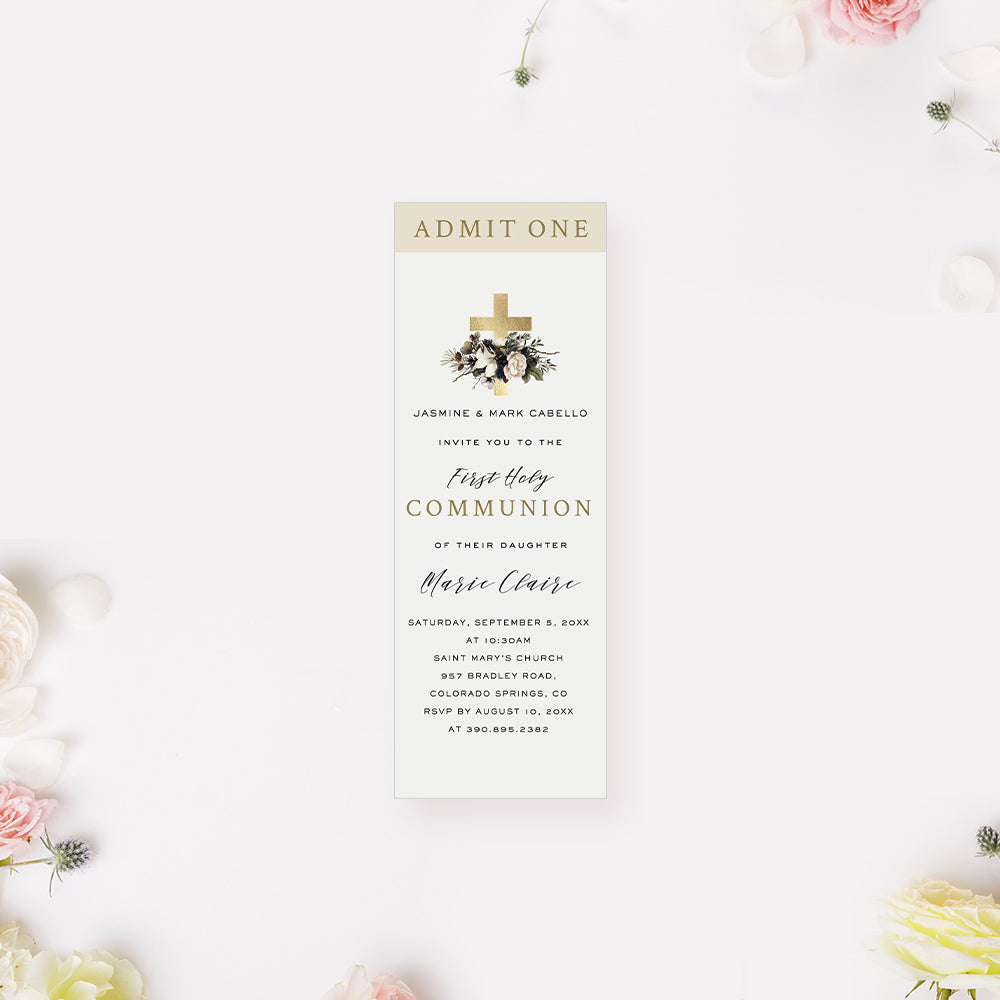 First Holy Communion Ticket Invitation with Gold Cross and Flowers, Fl ...