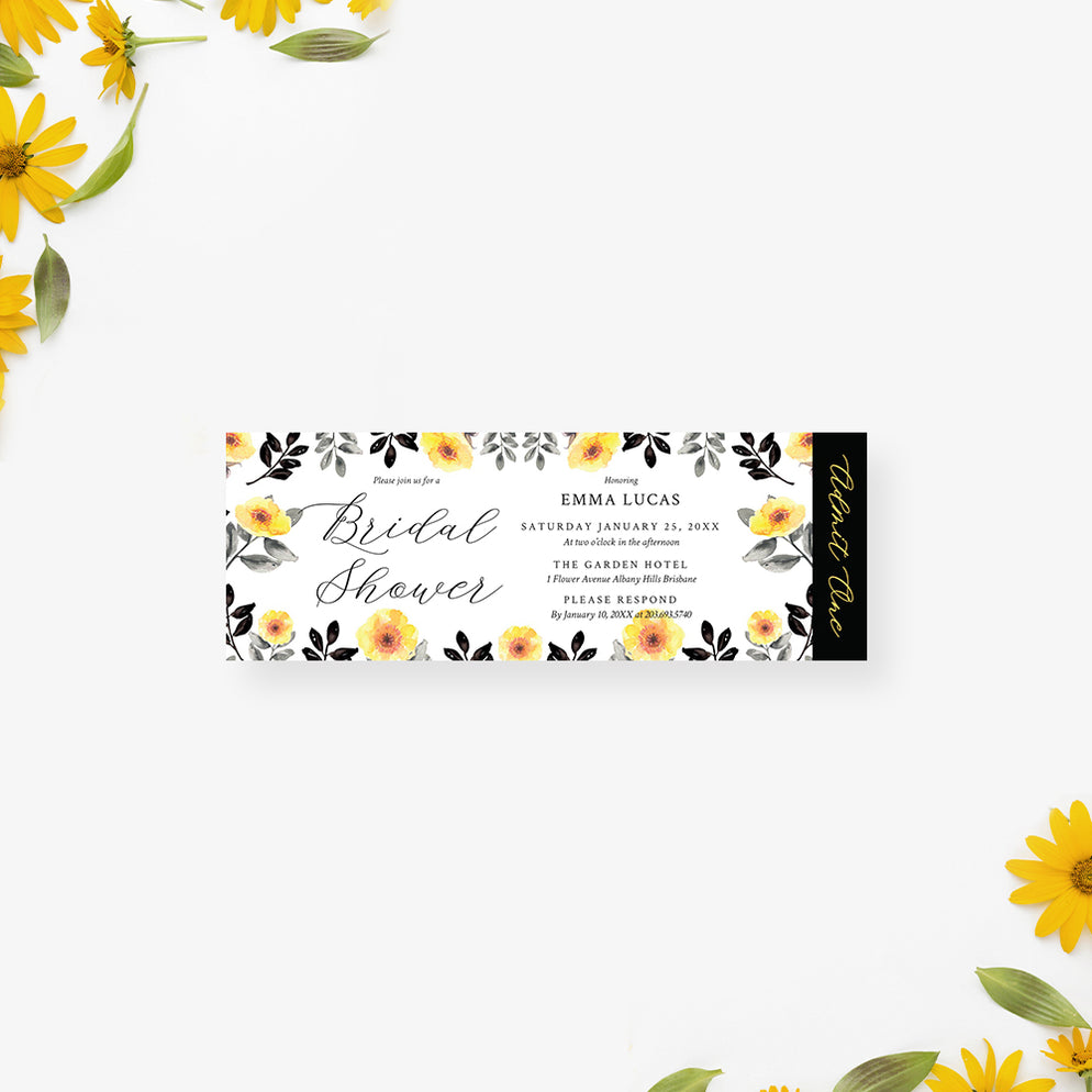 Floral Bridal Shower Ticket Invitation with Yellow Watercolor Flowers
