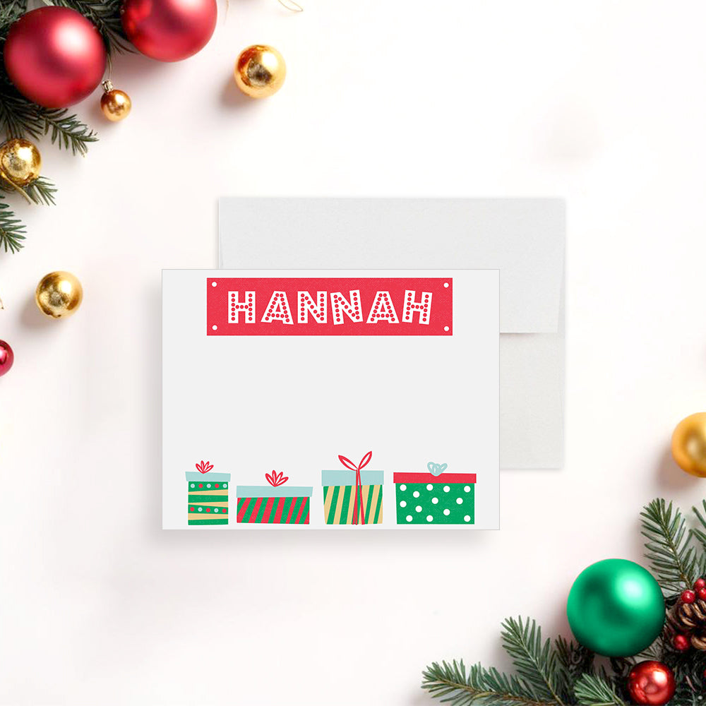 Custom Holiday Note Card with Gift Boxes, Christmas Stationery featuri ...