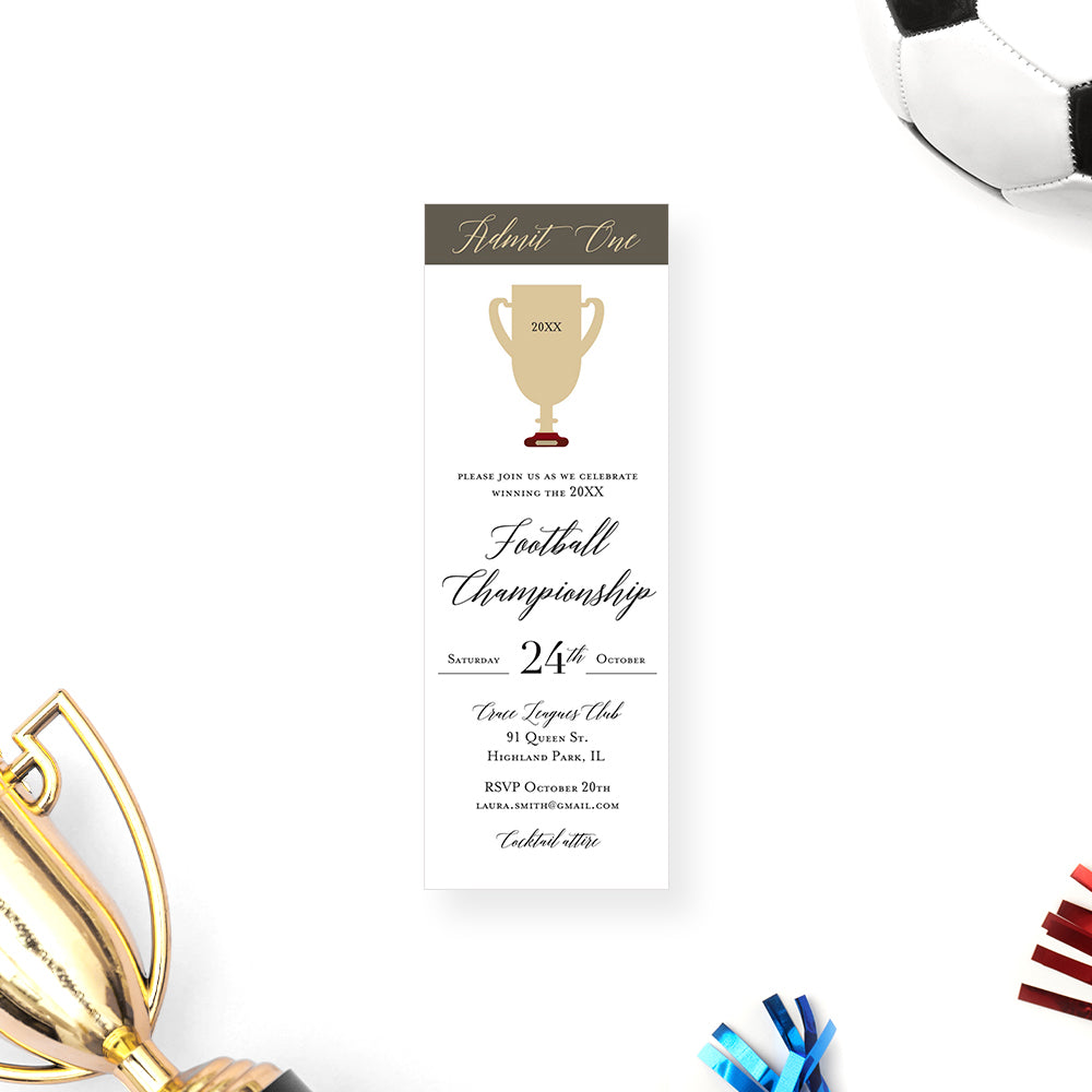 Trophy Ticket Invitation for Football Championship Celebration, Sports