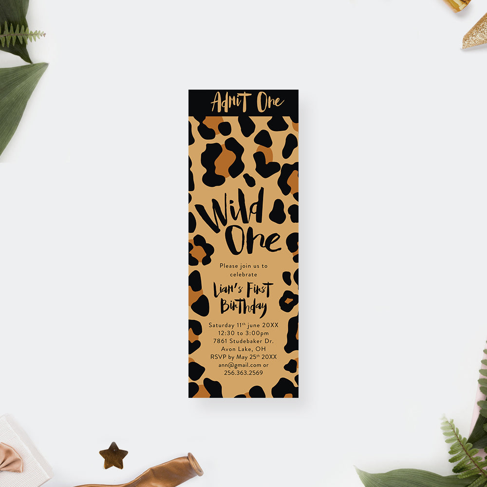 Wild One First Birthday Ticket Invitation with Animal Leopard Print, J