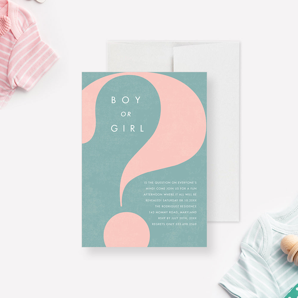 Pink and Blue Gender Reveal Invitation Card with Question Mark, Boy or