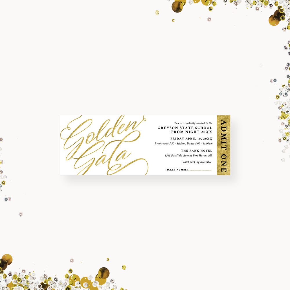 Golden Gala Prom Night Ticket Invitation with Elegant Script Font Desi