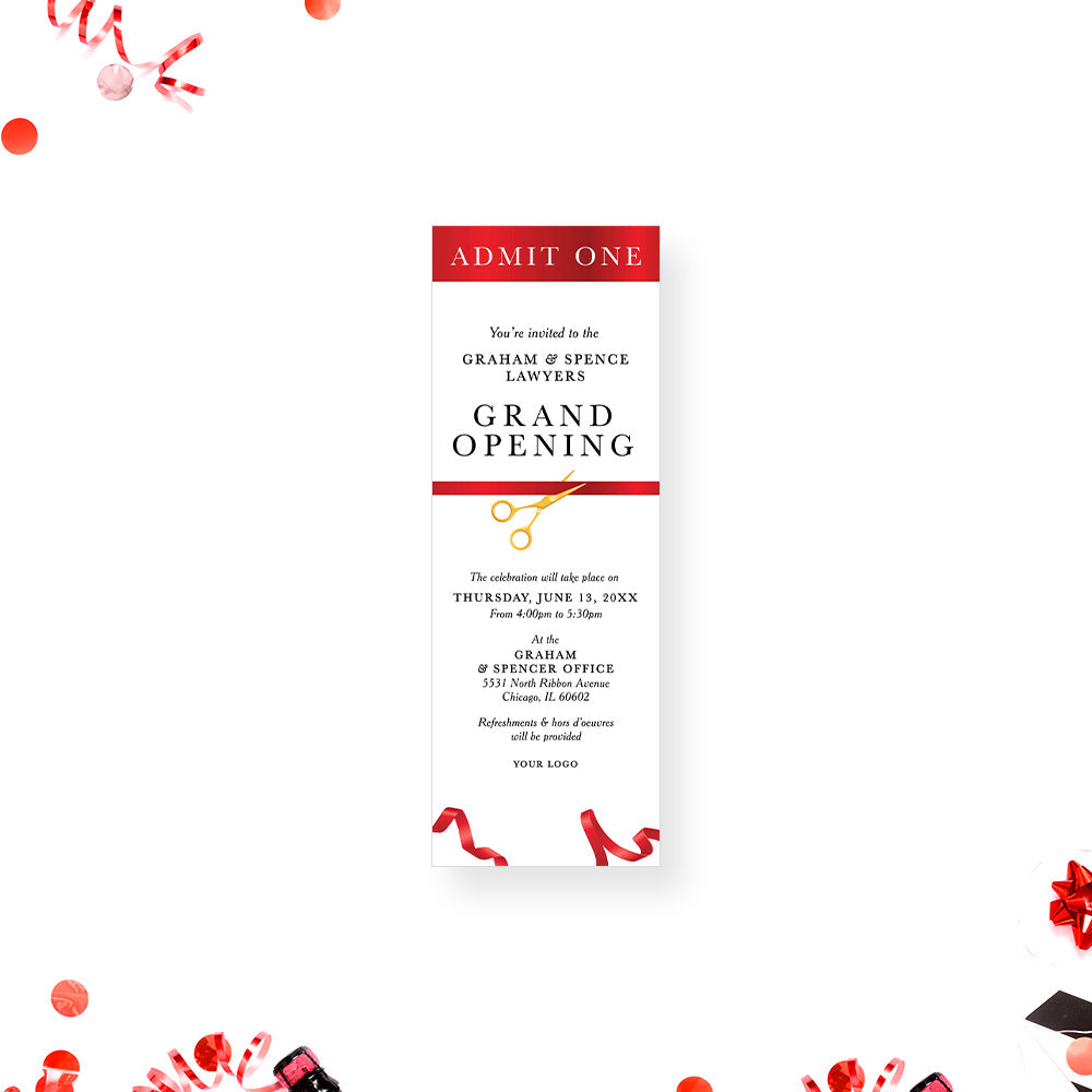 Business Grand Opening Ticket Invitation, Red Ribbon Cutting Ticket In