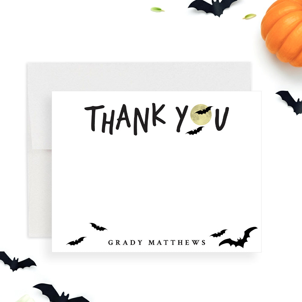 Personalized Halloween Thank You Card Bat and Moon Design