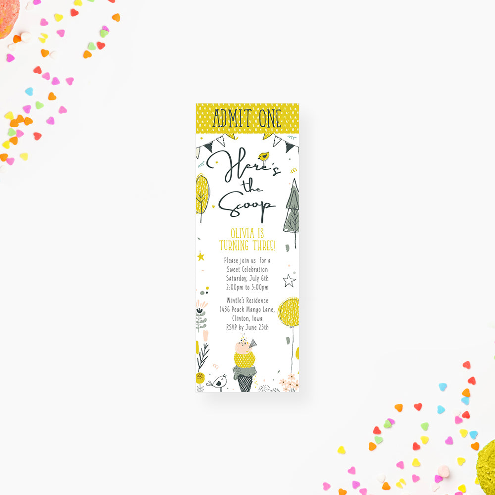 Here’s the Scoop Kids Birthday Party Ticket Invitation, Ice Cream Part