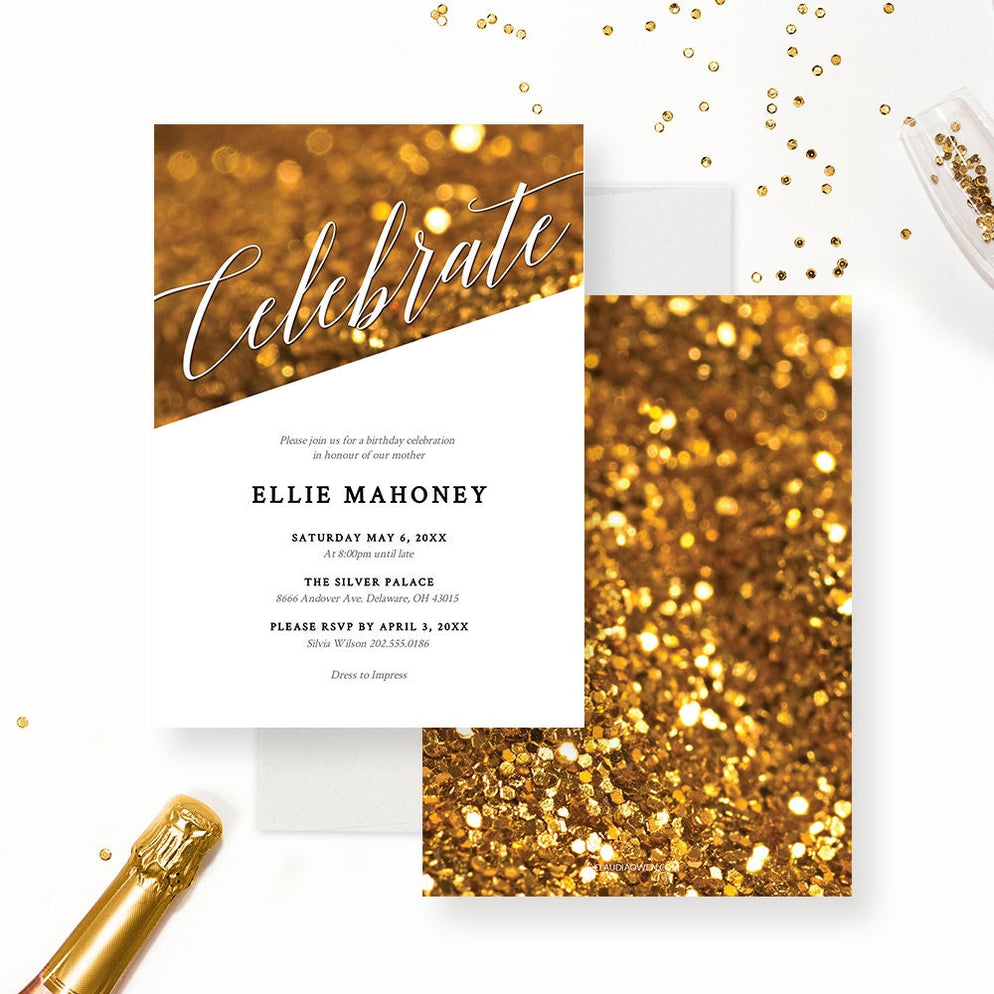 Gold Party Invitation Template, Joint Birthday Party Invitation Printa