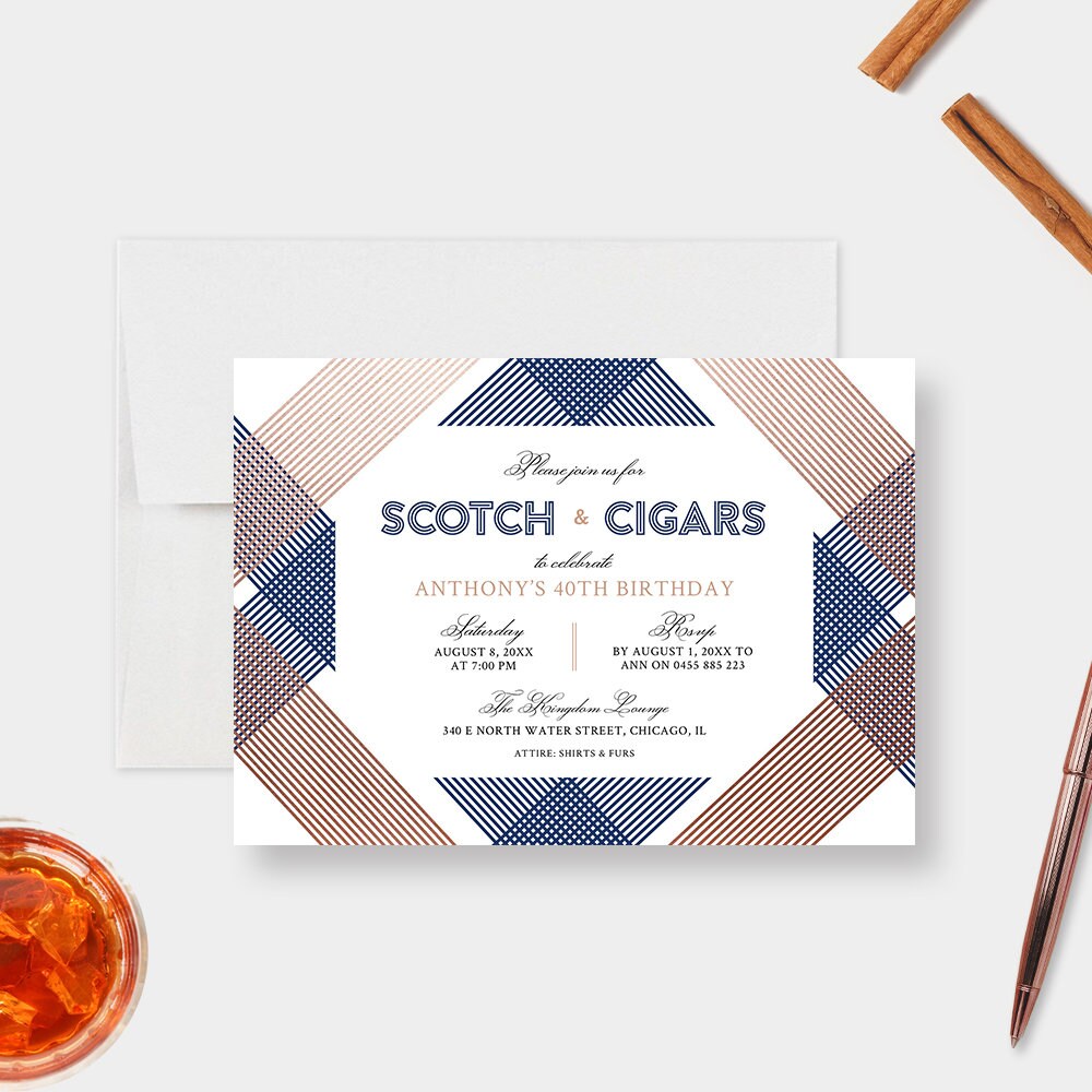 Scotch and Cigars Mens Birthday Printable Party Invitation, Birthday D ...