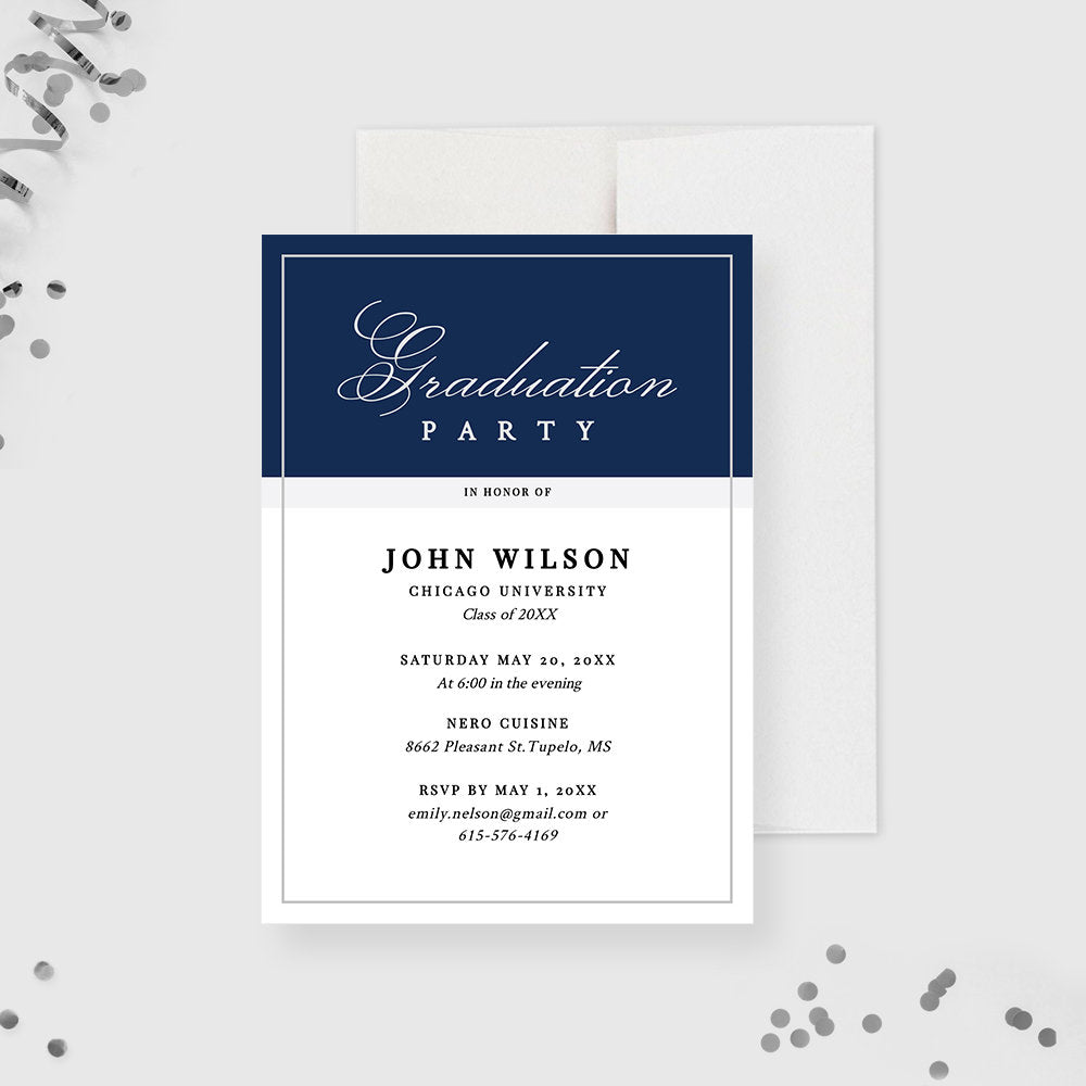 Graduation Party Invitation Editable Template, Formal and Simple Unive