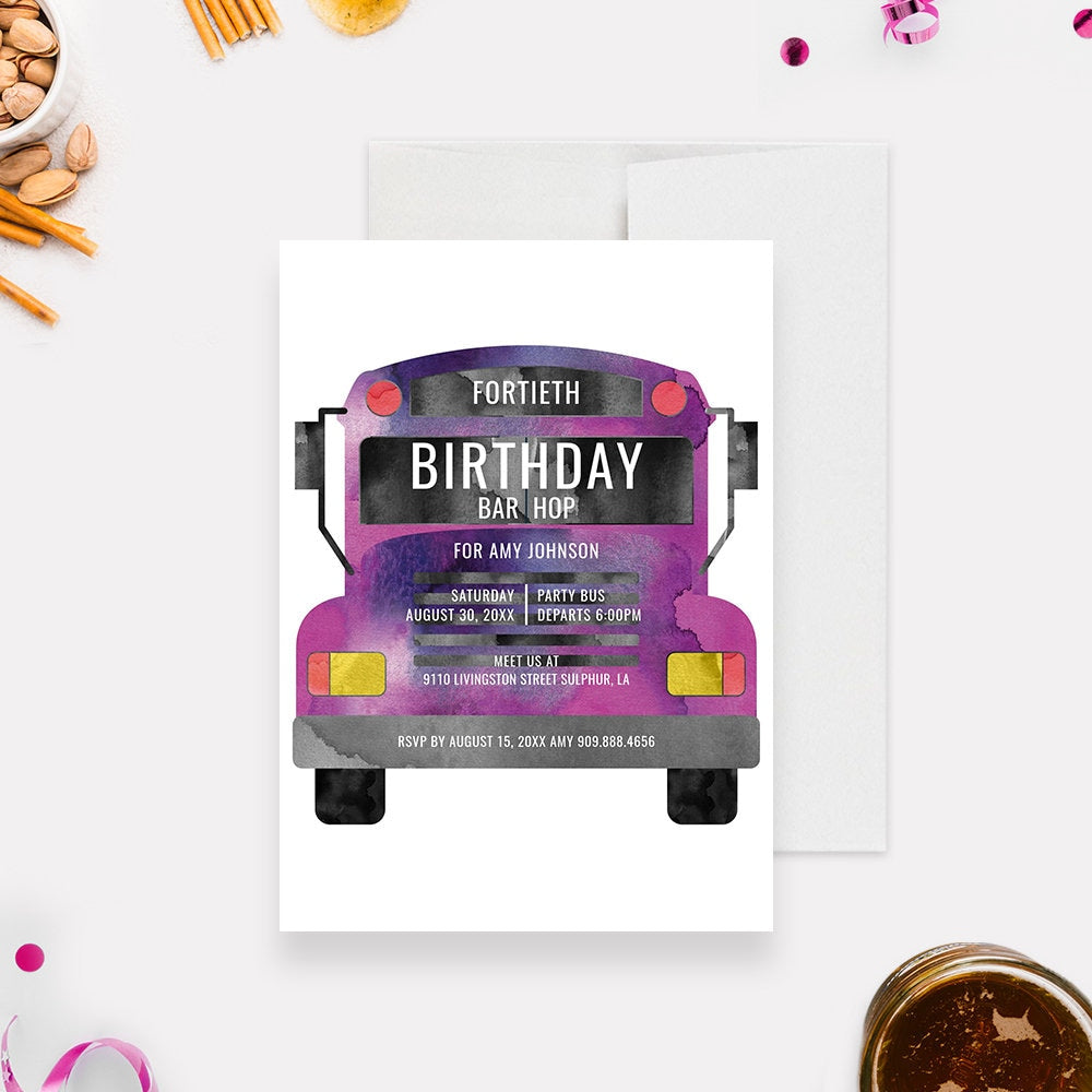 Pink and Purple Party Bus Invitation Editable Template, Adult Birthday