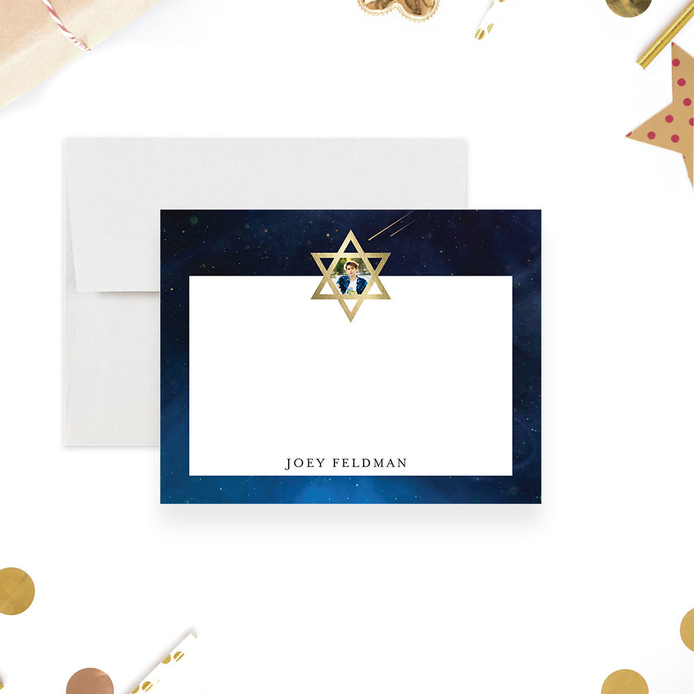 Jewish Note Card with Blue Starry Night Sky Bar Mitzvah Thank You Card