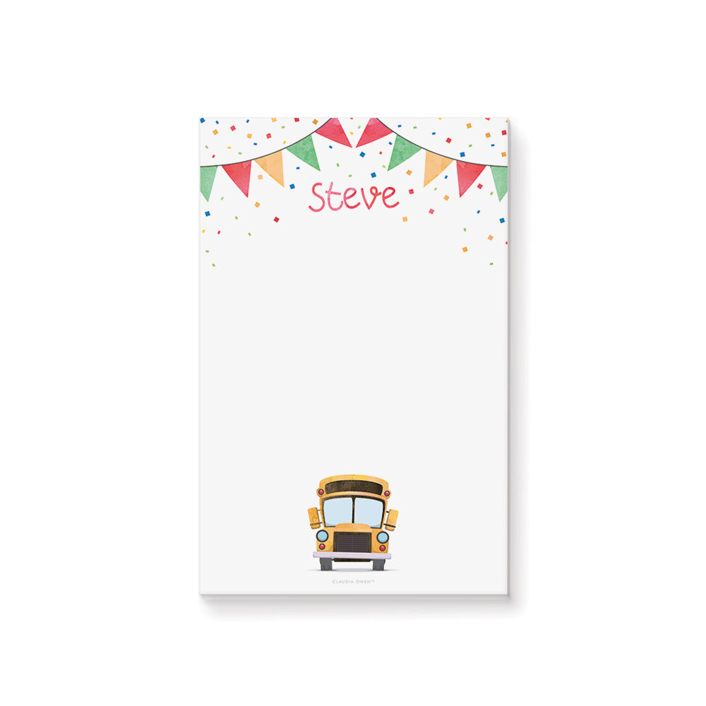 Yellow Bus Notepad with Colorful Confetti and Bunting Flags, School Bu