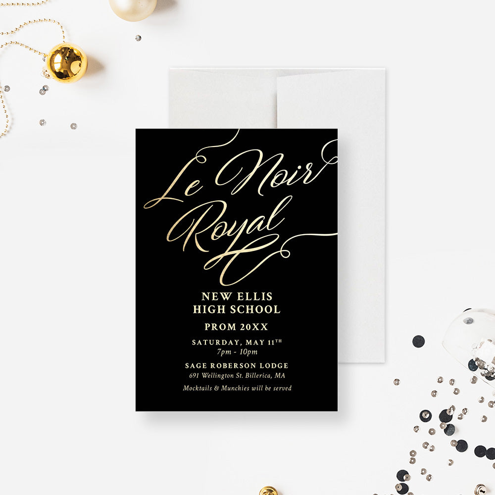 Le Noir Royal High School Prom Invitation Card in Black and Gold, Eleg