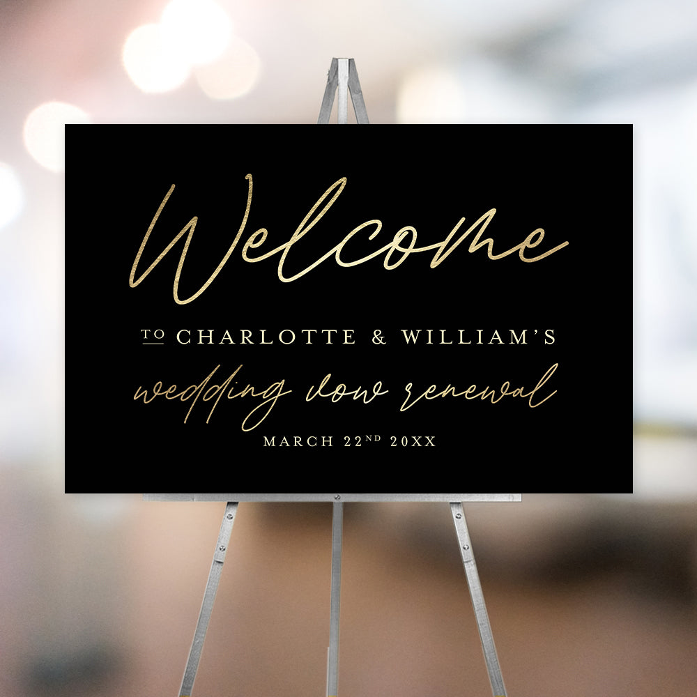 Elegant Black and Gold Wedding Vow Renewal Welcome Sign, Wedding Recep