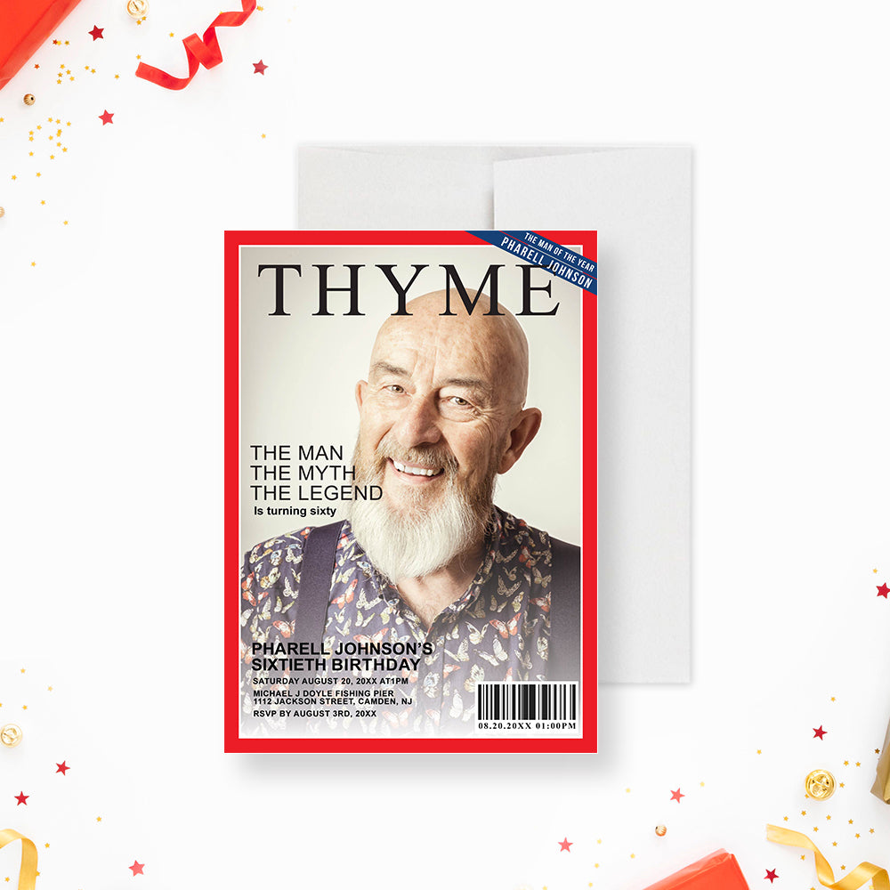 Magazine Cover Photo Birthday Party Invitation for Men and Women, Pers