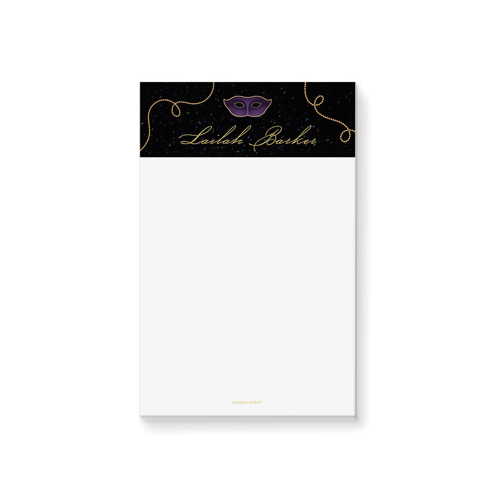 Stylish Notepad with Purple and Gold Mask, Mardi Gras Masquerade Party