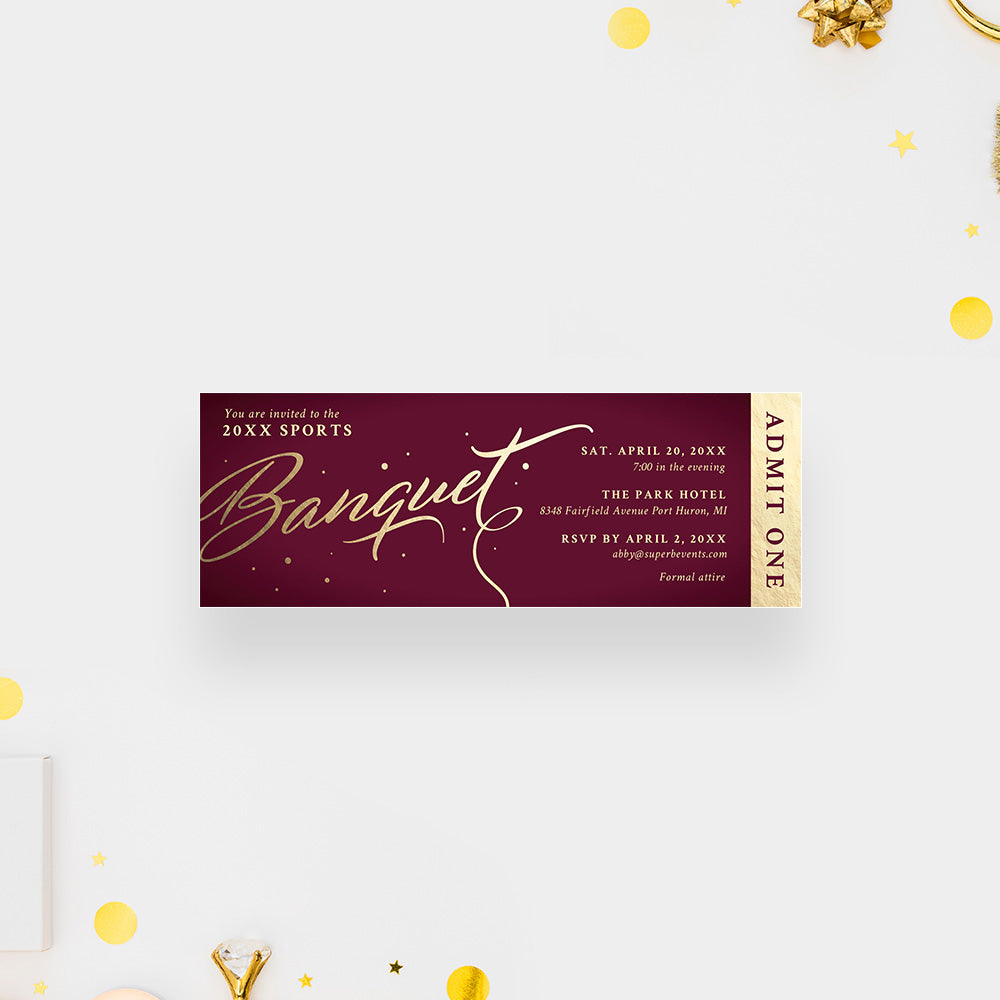 Burgundy and Gold Banquet Ticket Party Invitation, Elegant Ticket for