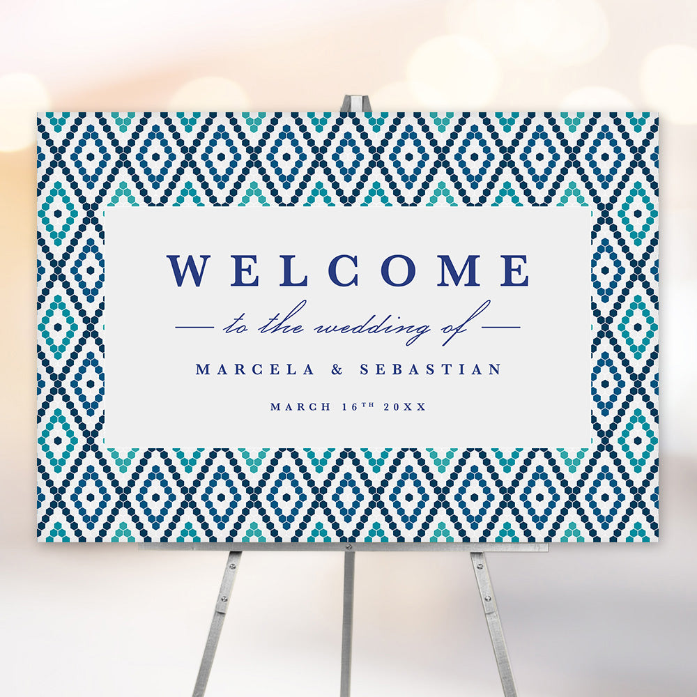 Blue Mosaic Wedding Welcome Sign for Destination Weddings