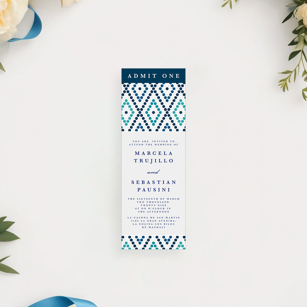 Personalized Wedding Ticket Invitation with Mosaic Tile Design