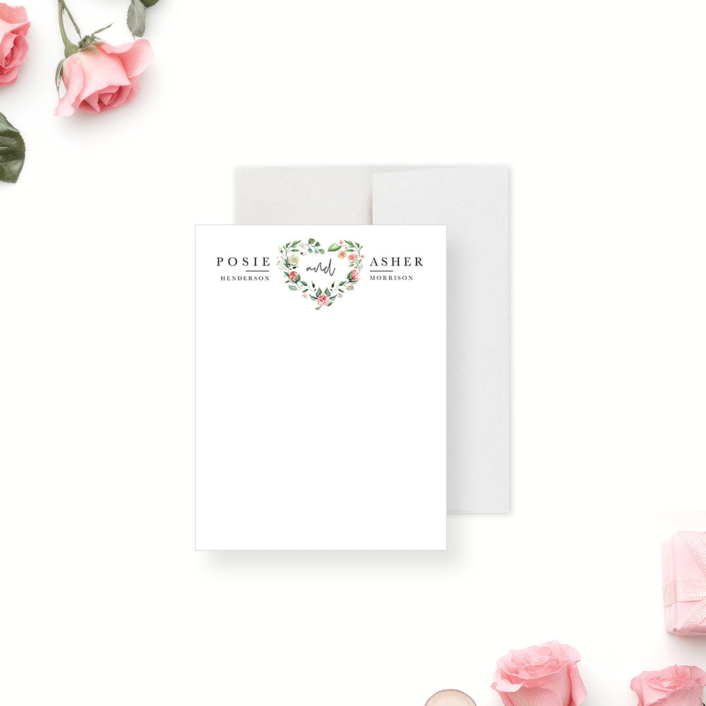 Couples Note Card with Heart Wreath Design, Romantic Stationery for Co