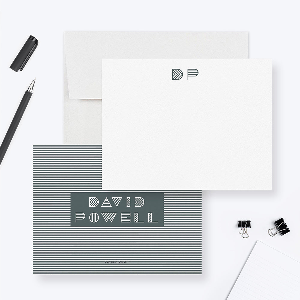 Monogrammed Black and White Note Card for Men