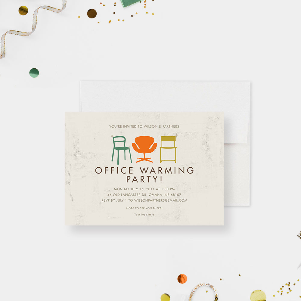 Office Warming Party Invitation Card with Colorful Office Chairs, Mode