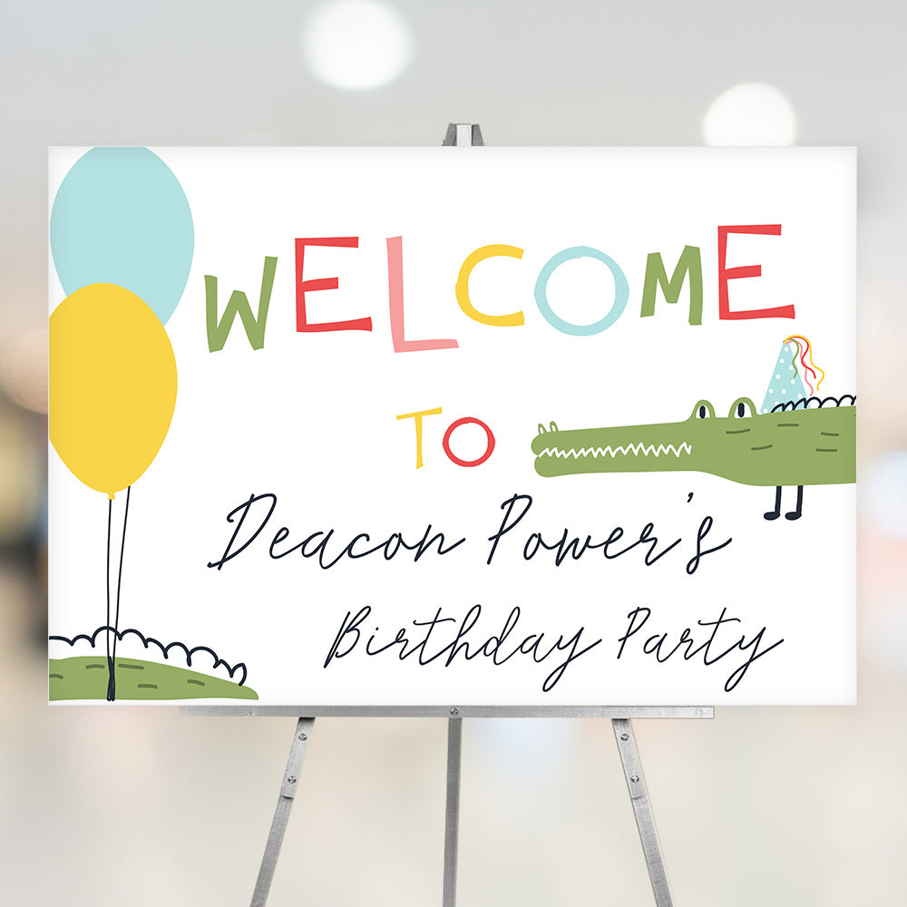 Colorful Crocodile Birthday Party Welcome Sign with Balloons, Fun Alli ...