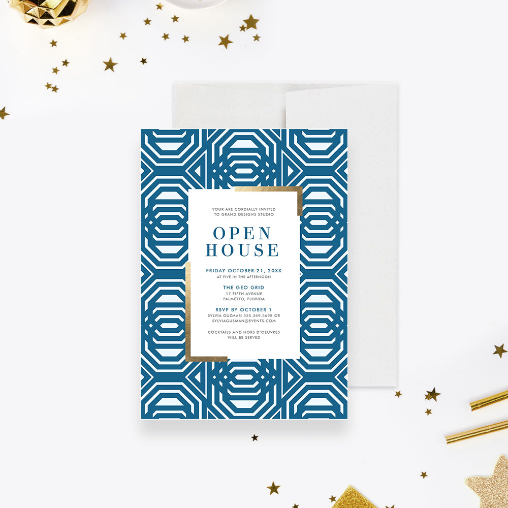 Personalized Blue and Gold Business Open House Invitation Card