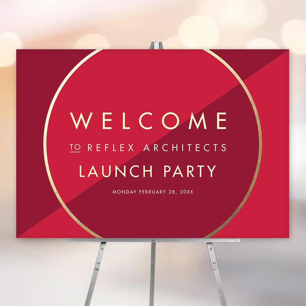 Business Launch Party Welcome Sign Red and Gold Event Poster