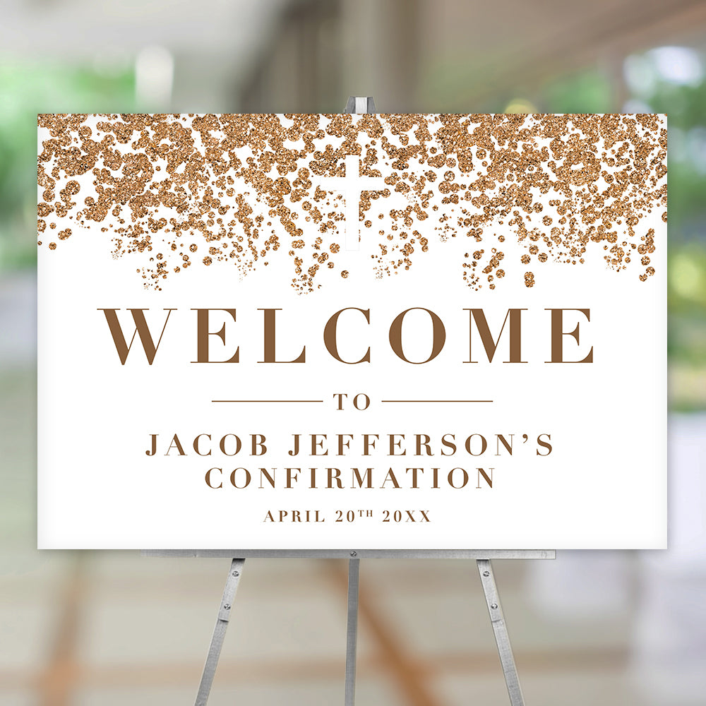 Welcome Sign for Religious Confirmation Featuring Cross and Gold Glitt ...