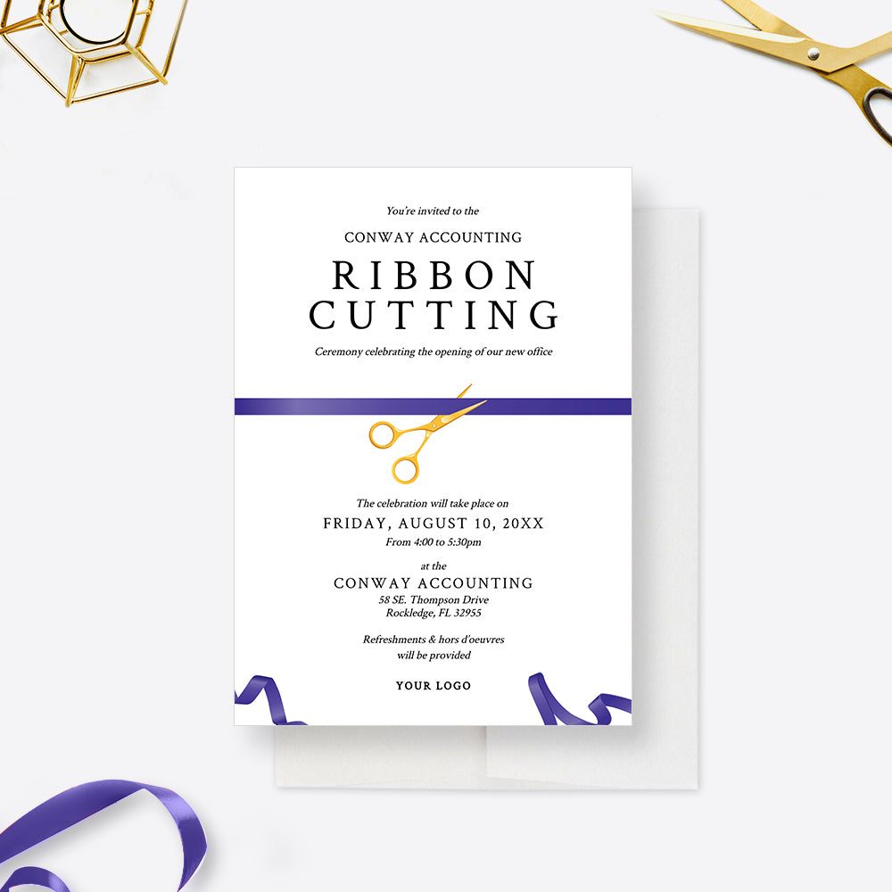 Ribbon Cutting Invitation Template with Purple Ribbon, Launch Party Pr
