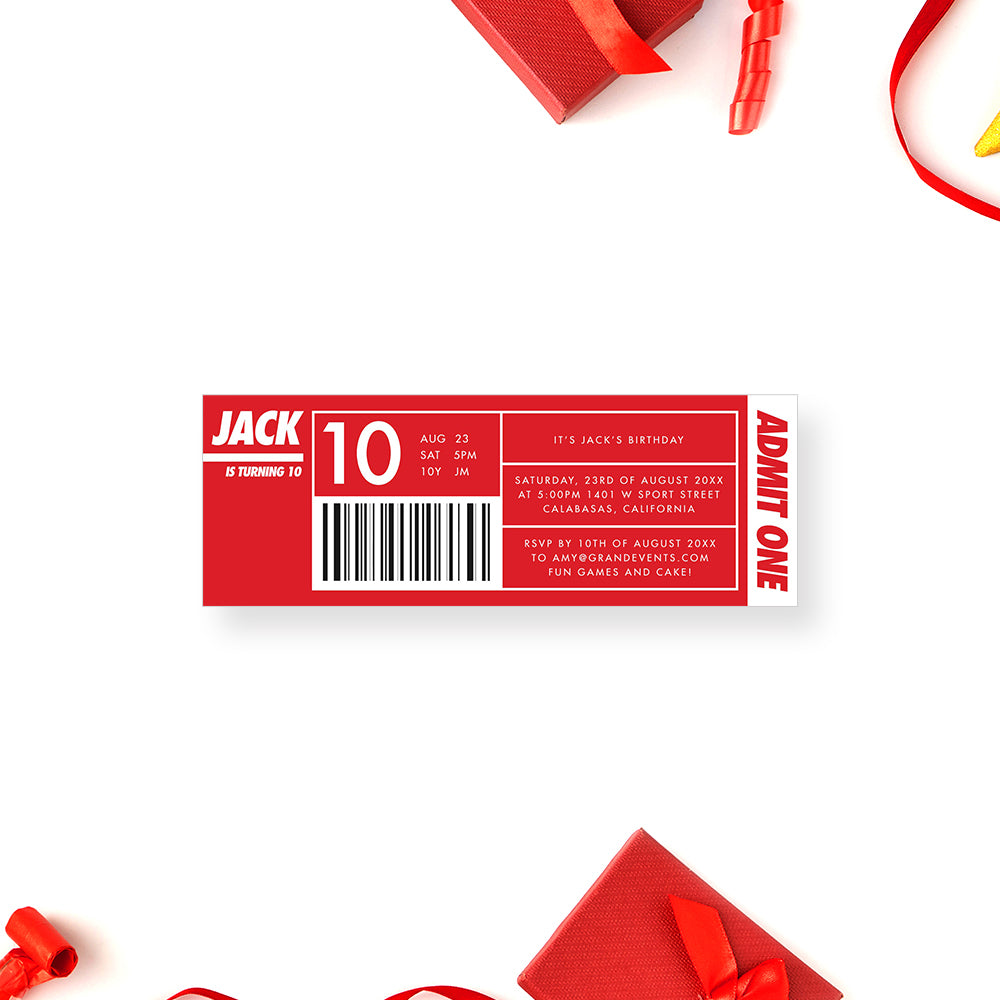 Red and White Ticket Invitation for Kids Birthday Party, Unique Ticket ...