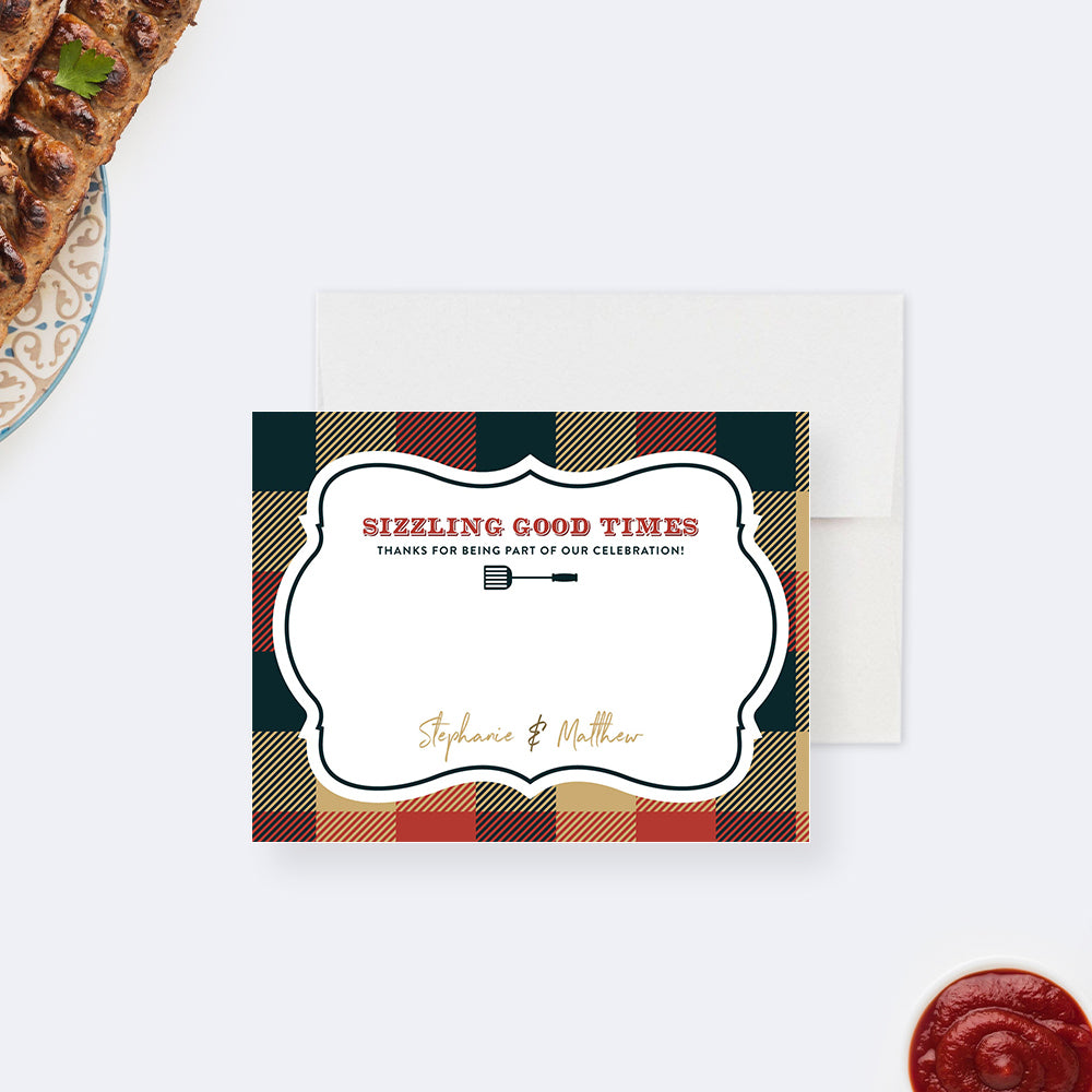 Sizzling Good Times Note Card with Plaid Pattern, BBQ Party Thank You