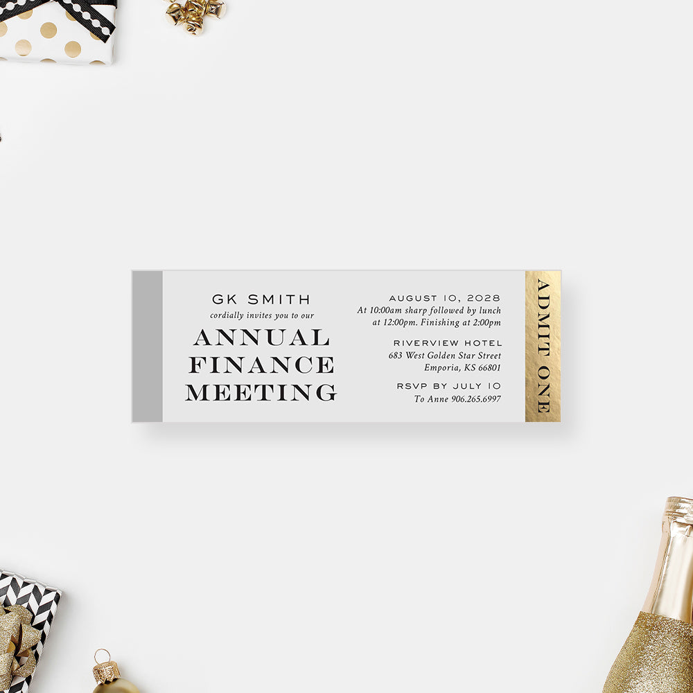 Elegant Gray and Gold Ticket Invitation for Business Annual Finance Me