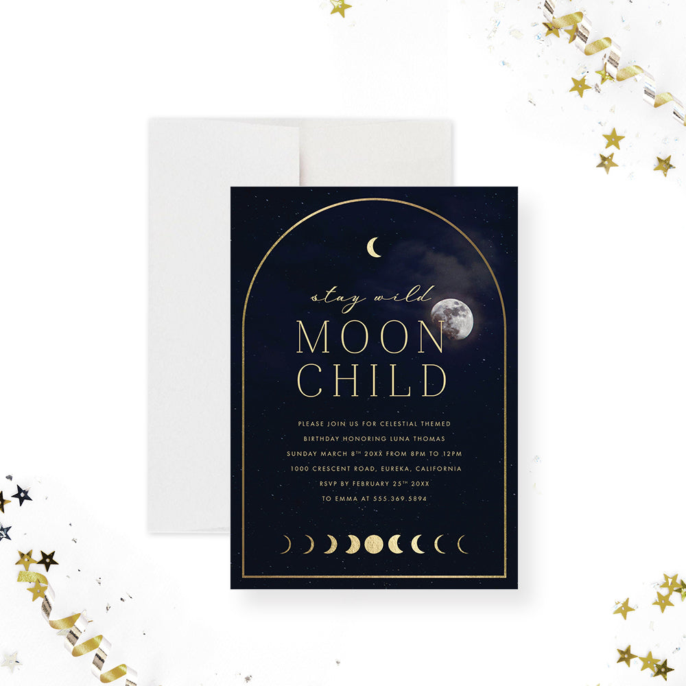 Celestial Birthday Invitation with Moon and Star Design
