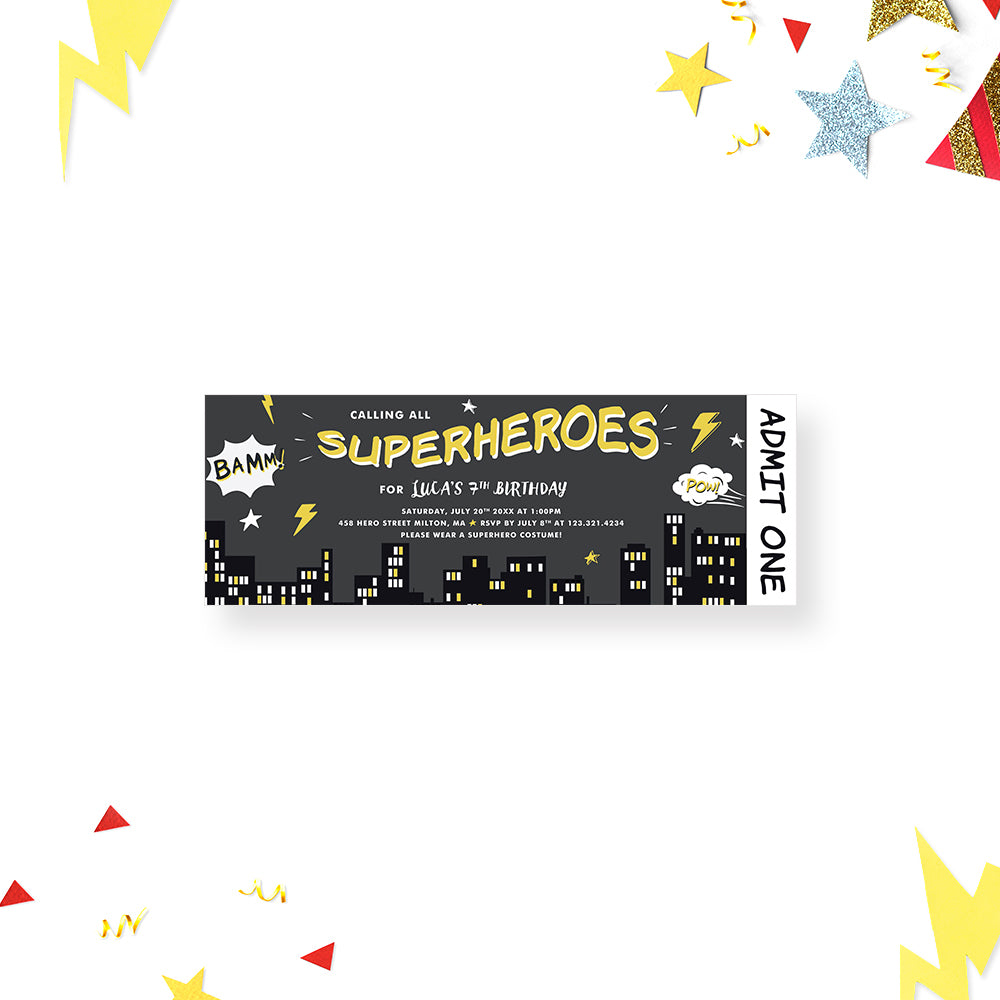 Calling All Superheroes Birthday Ticket Party Invitation, Comic Book T ...
