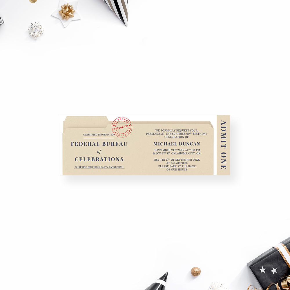 Top Secret Spy Birthday Ticket Invitation, Unique Ticket Invites for B